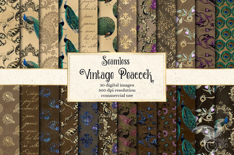 Vintage Peacock Digital Paper, Seamless Scrapbook Backgrounds (digital ...