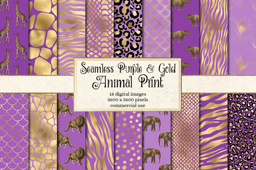 Purple and Gold Animal Skins Digital Paper, Seamless African Animal ...