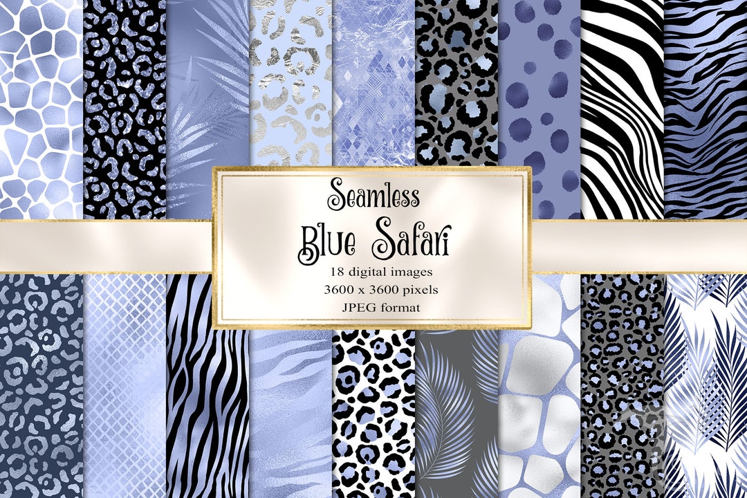 Blue Safari Digital Paper - Seamless African Animal Print, Giraffe ...