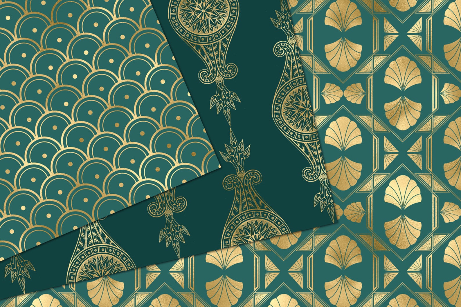 Teal and Gold Art Deco Digital Paper Seamless Deco Patterns - Etsy