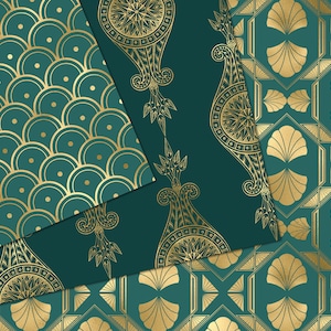 Teal and Gold Art Deco Digital Paper, Seamless Deco Patterns With ...