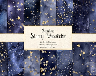 Starry Watercolor Digital Paper - Seamless Navy Watercolor Textures and ...