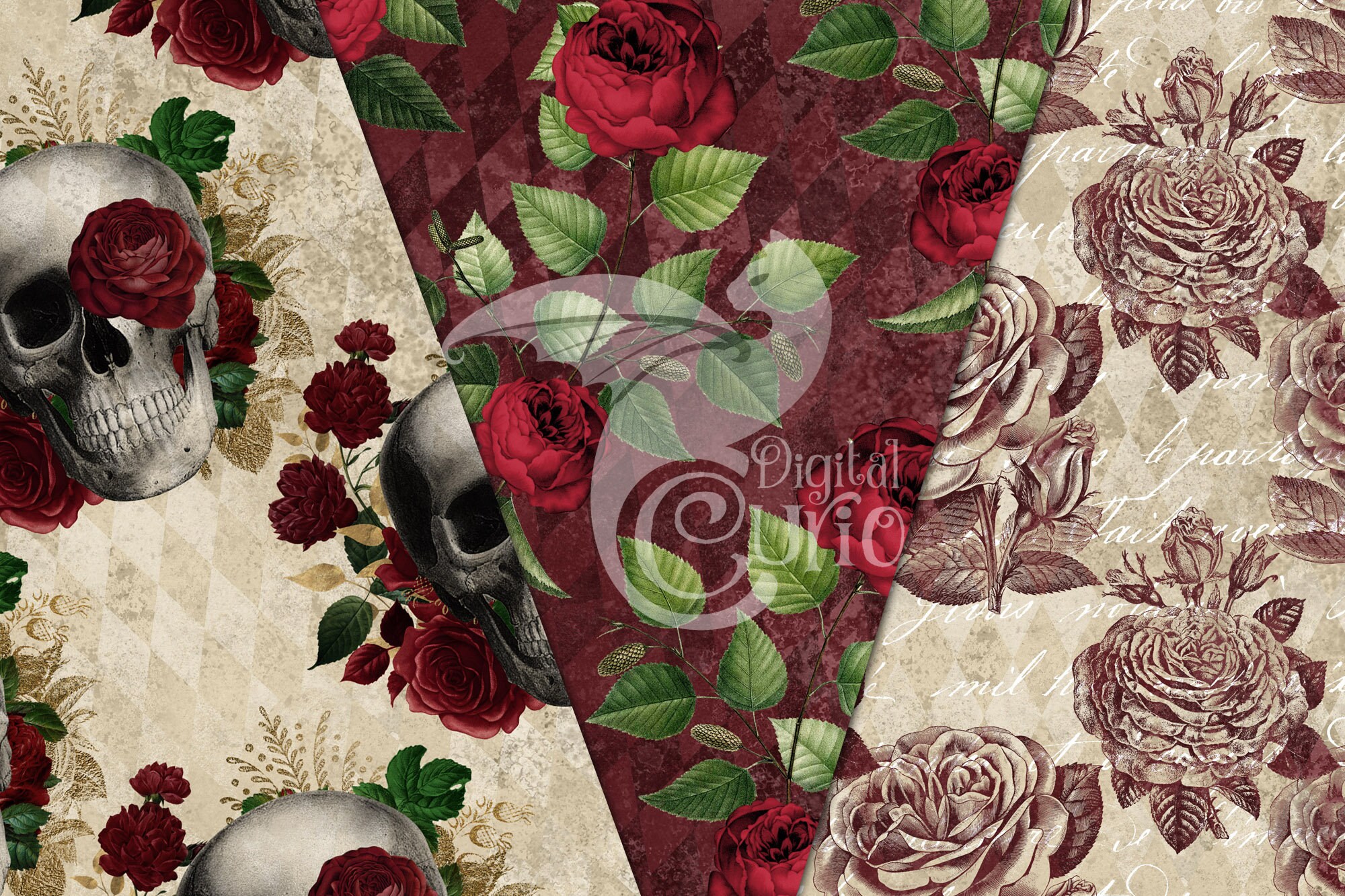 Harlequin Rose Digital Paper - Seamless Vintage Distressed Flower and ...