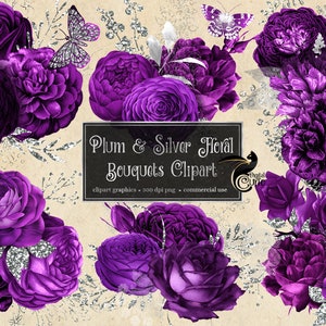 Plum Silver Floral Clip Art, Watercolor Flower PNG (digital Download ...