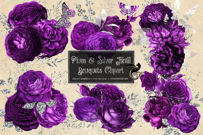 Plum Silver Floral Clip Art, Watercolor Flower PNG (digital Download ...