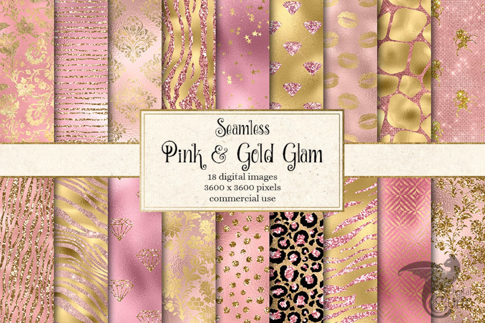 Pink and Gold Glam Digital Paper, Seamless Gold and Blush Pink Glitter ...