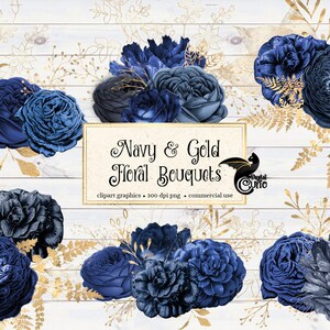 Navy and Gold Floral Bouquet Clipart, Wedding Flower PNG (digital ...