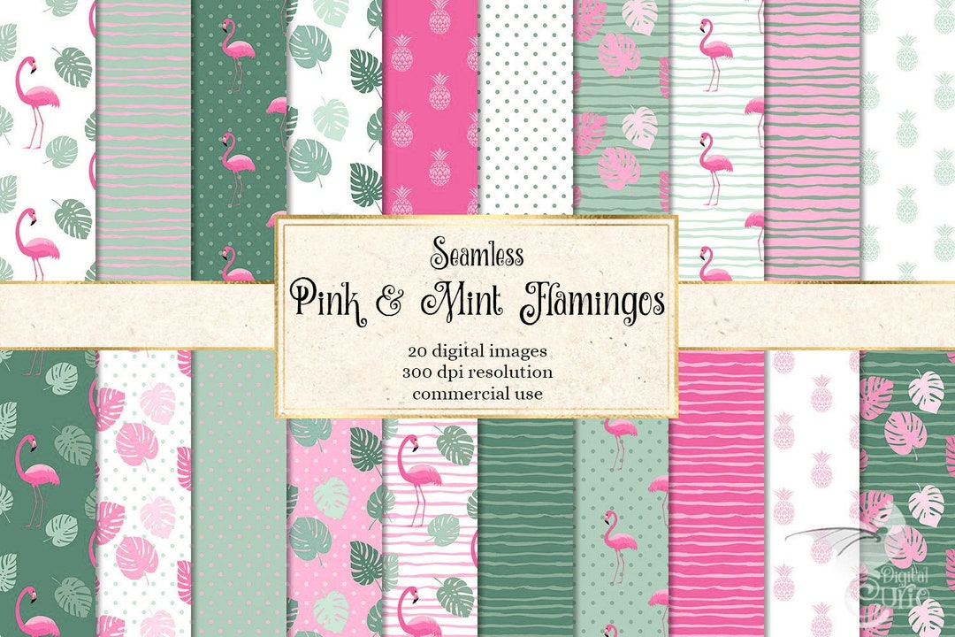 Pink and Mint Flamingo Digital Paper, Seamless Flamingo Patterns on ...