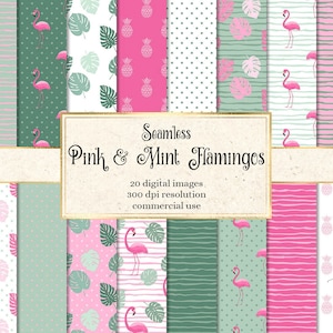 Pink and Mint Flamingo Digital Paper, Seamless Flamingo Patterns on ...