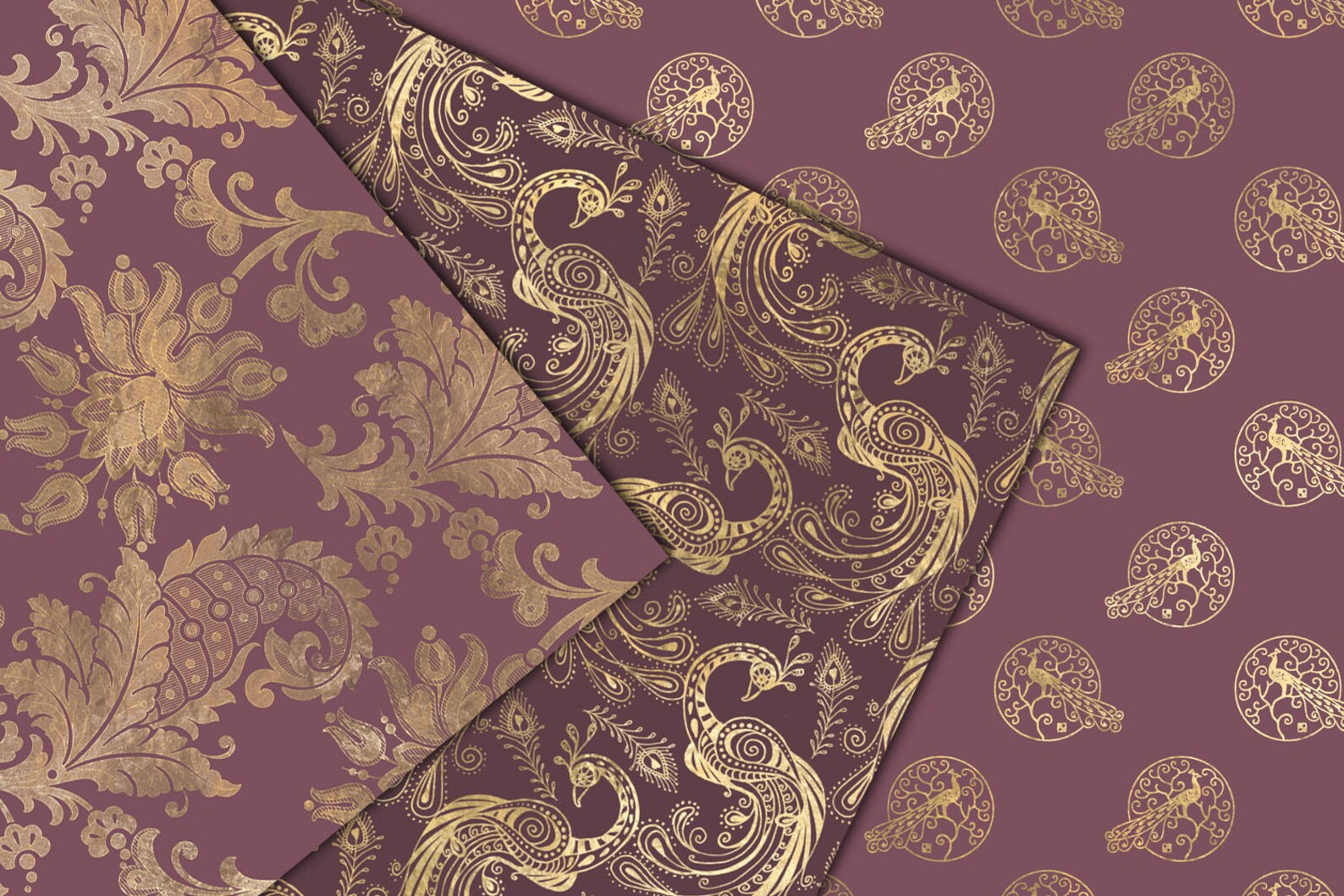 Mauve and Gold Peacock Digital Paper, Seamless Patterns (digital ...
