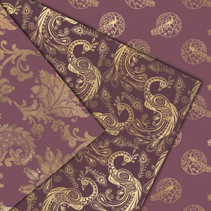 Mauve and Gold Peacock Digital Paper, Seamless Patterns (digital ...