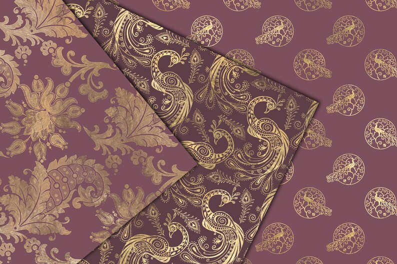 Mauve and Gold Peacock Digital Paper seamless gold peacock | Etsy