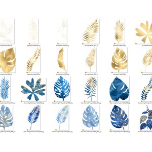Blue and Gold Tropical Leaves Clipart, Gold Foil Tropical Leaf Clip Art ...