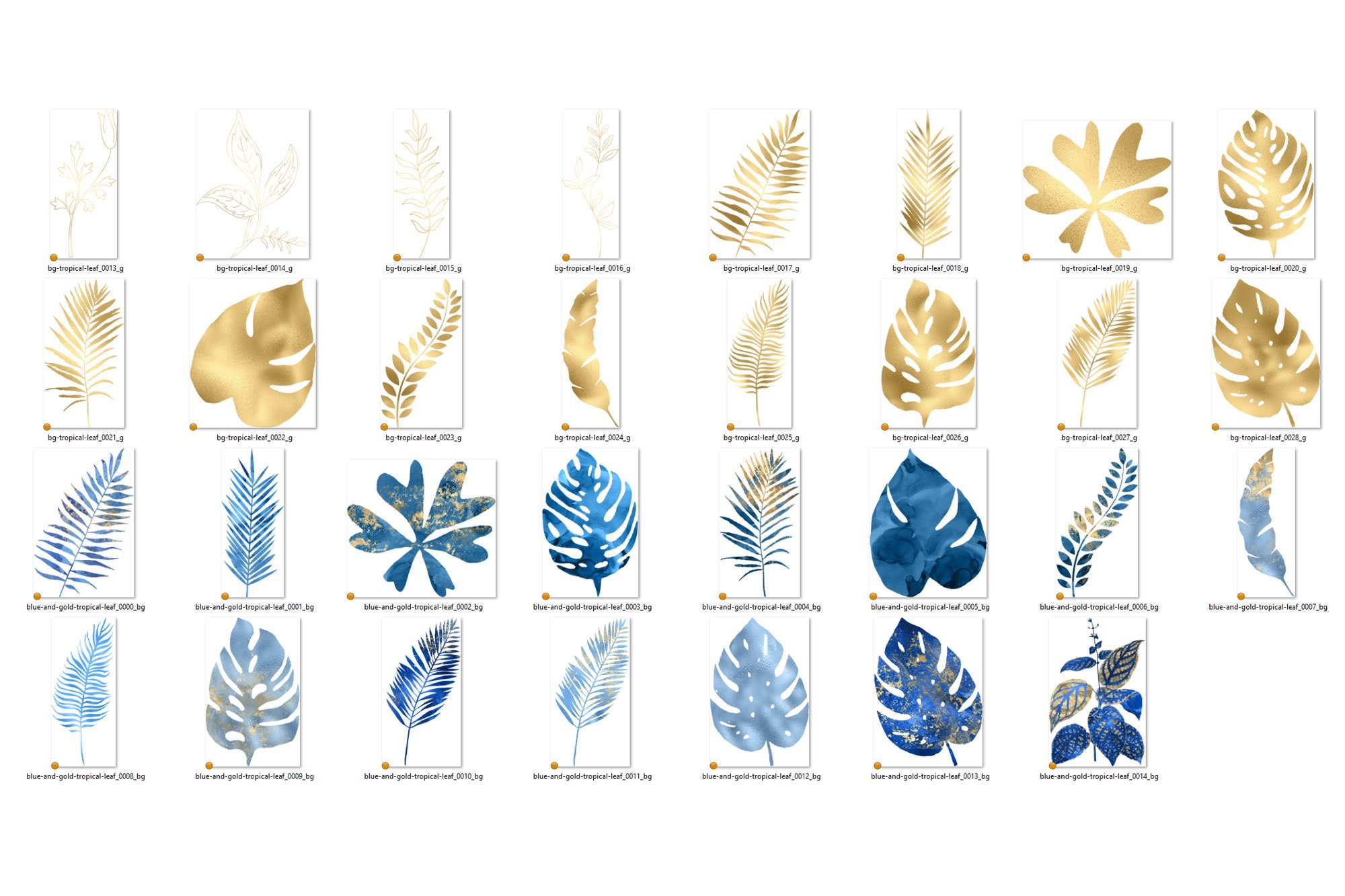 Blue & Gold Foil Tropical Leaf Clipart, PNG Graphics (digital Download ...