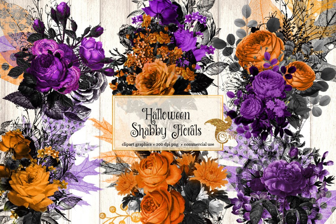 Halloween Shabby Floral Clip Art, Black and Orange Digital Gothic ...