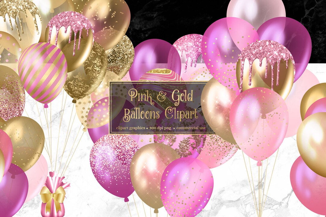 Pink and Gold Balloons Clipart, Glitter Confetti (PNG, Digital Download ...