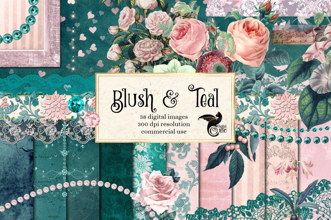Blush and Teal Floral Digital Scrapbooking Kit (digital Download) - Etsy