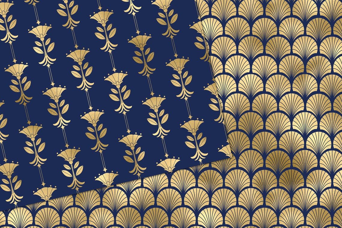 Navy and Gold Art Deco Digital Paper, Seamless Geometric Patterns ...