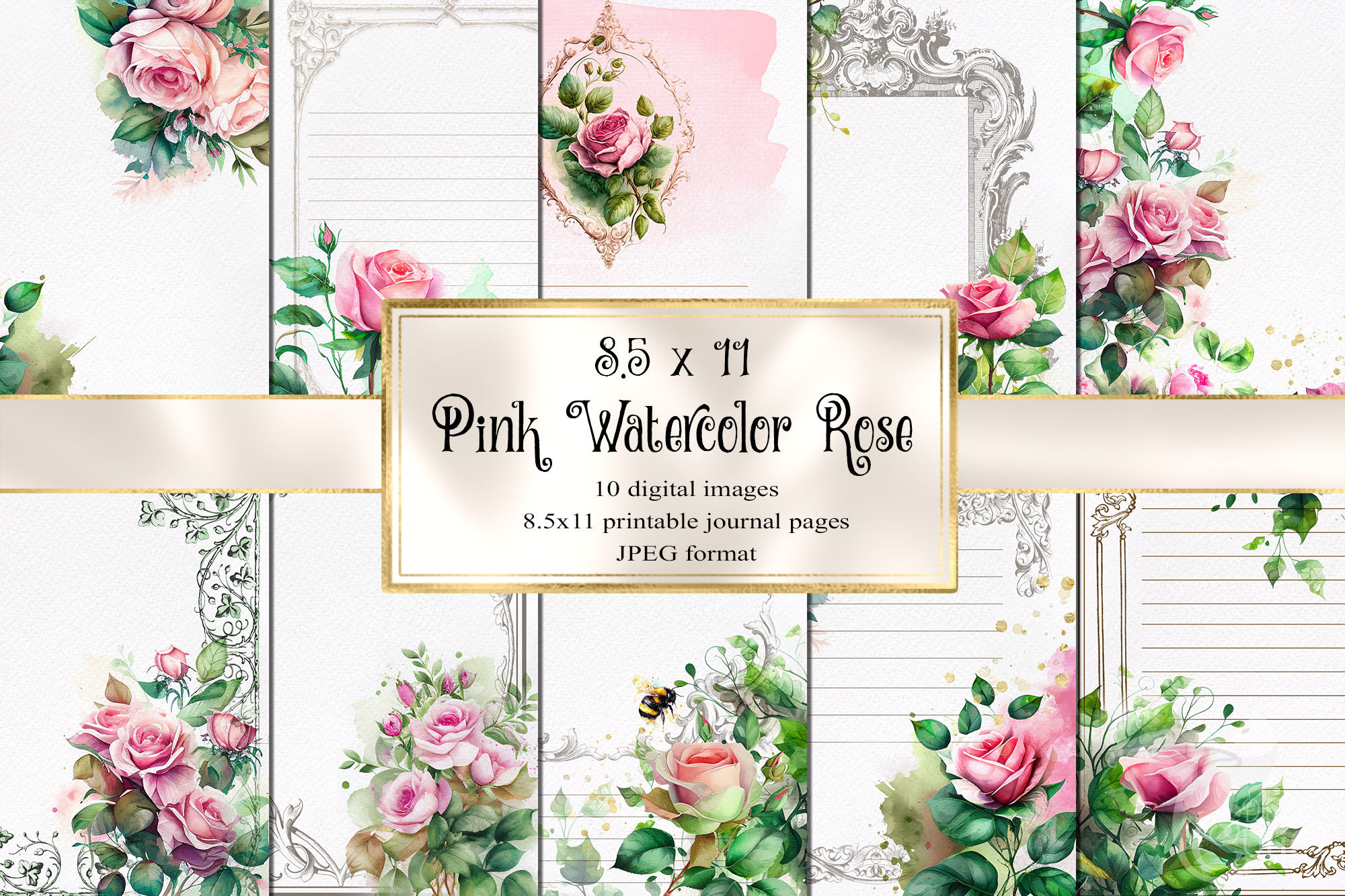 Pink Watercolor Rose Digital Paper, Printable Junk Journal Watercolor ...