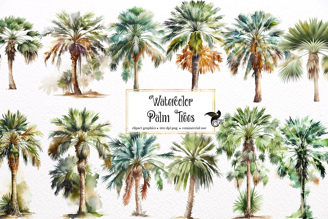 Watercolor Palm Trees Clipart - Tropical Island PNG Format Instant ...