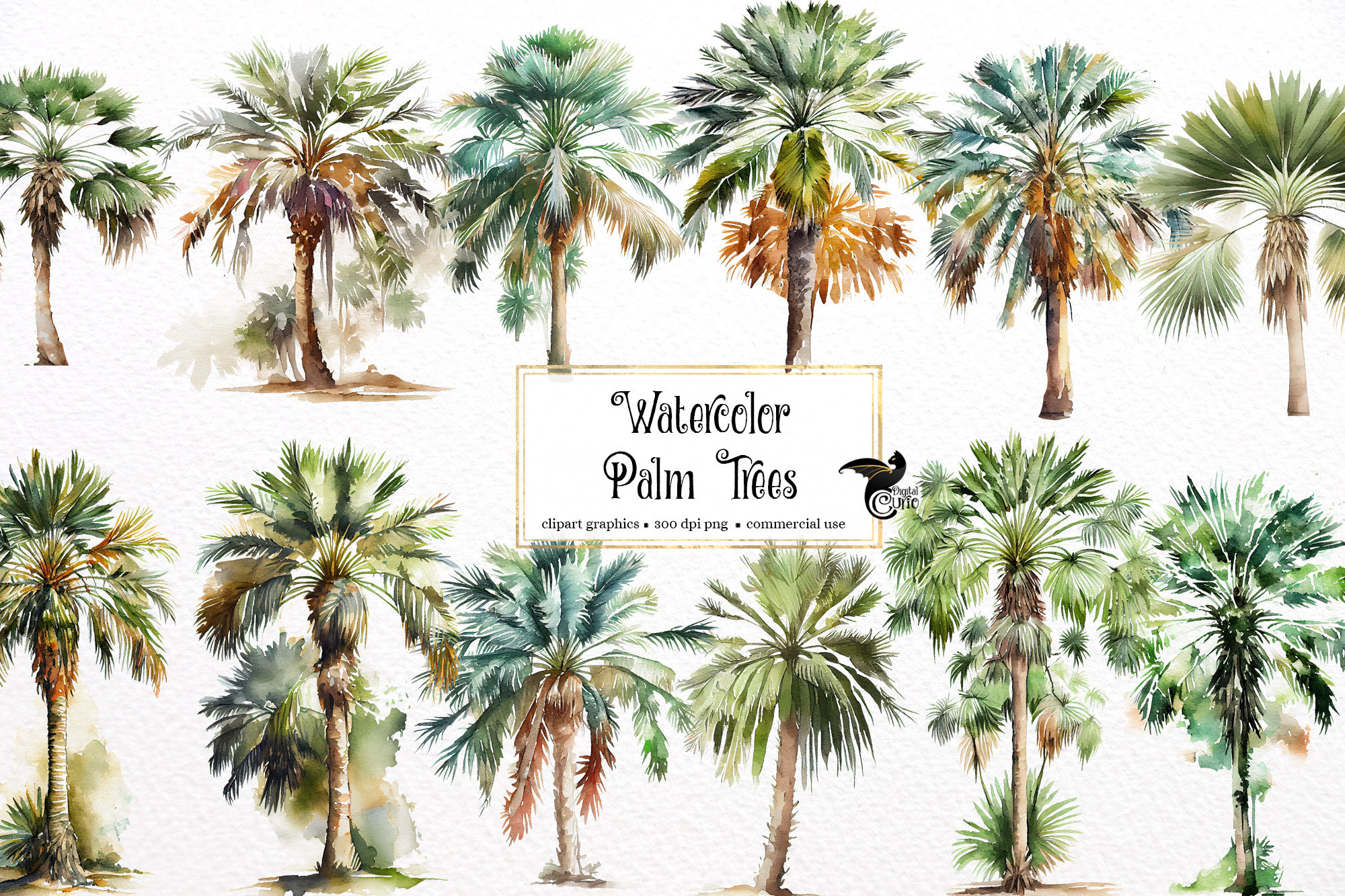 Watercolor Palm Trees Clipart - Tropical Island PNG Format Instant ...