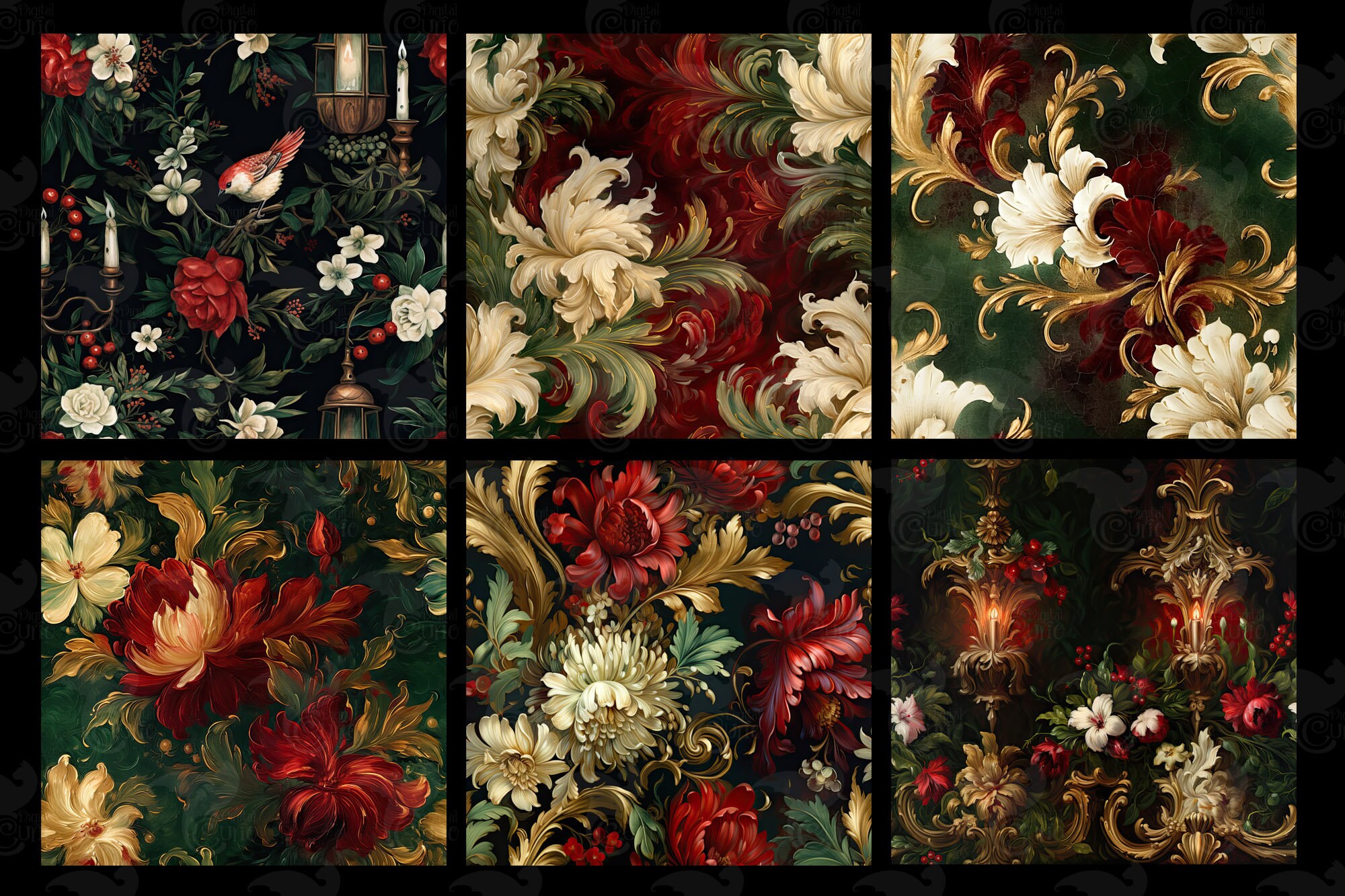 Dark Fantasy Christmas Digital Paper, Gothic Floral Textures (seamless ...