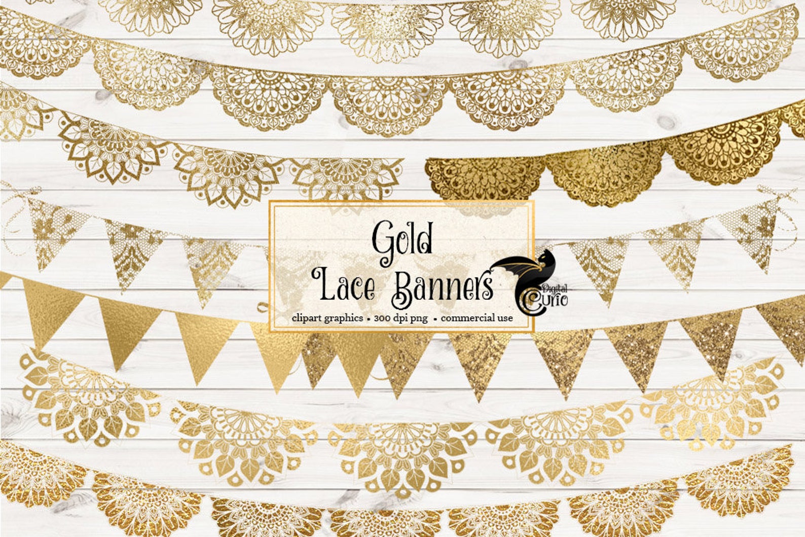 Gold Lace Banners Clipart Gold Foil Clip Art Bunting Banner | Etsy