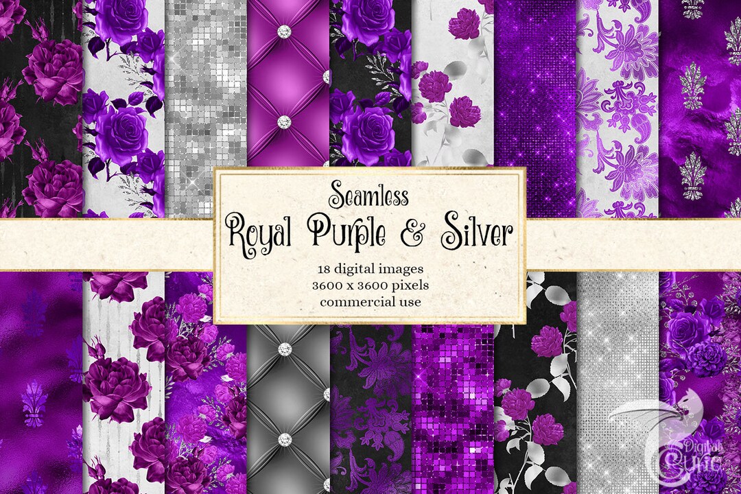 Royal Purple and Silver Floral Digital Paper, Seamless Purple Rose ...