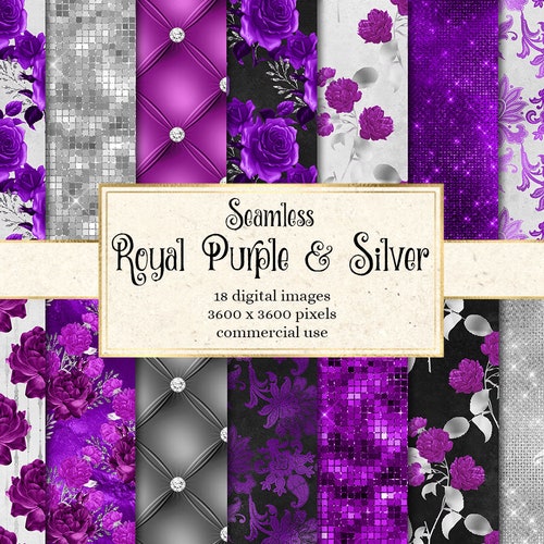 Royal Purple and Silver Floral Digital Paper Seamless Purple - Etsy