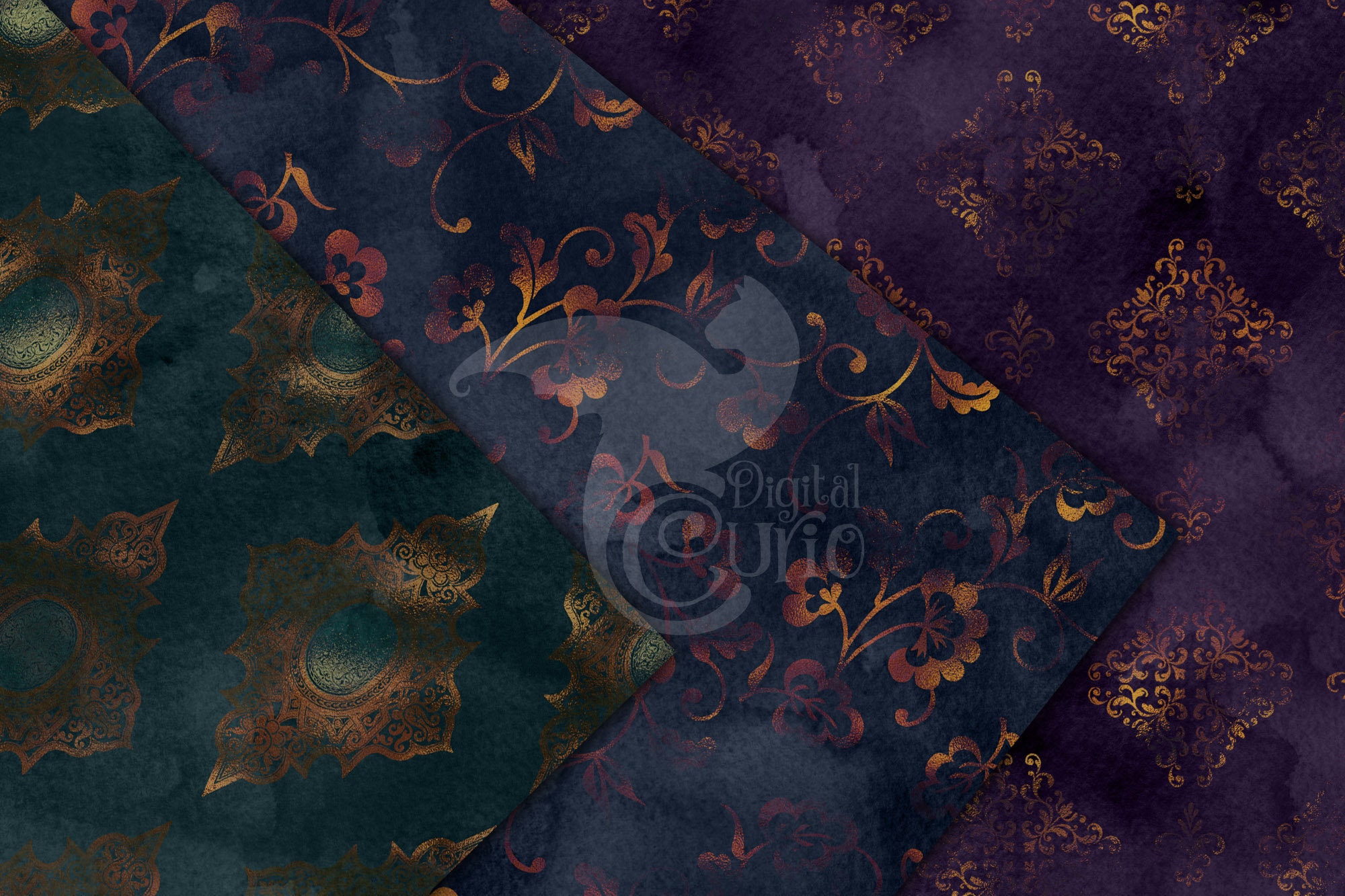 Watercolor Copper Damask Digital Paper - Seamless Patina Shimmer ...