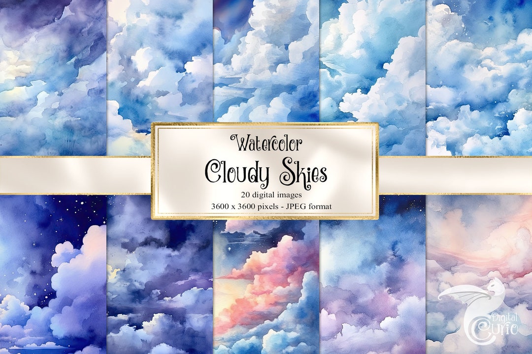 Watercolor Cloudy Skies Digital Paper - Watercolor Printable Instant ...