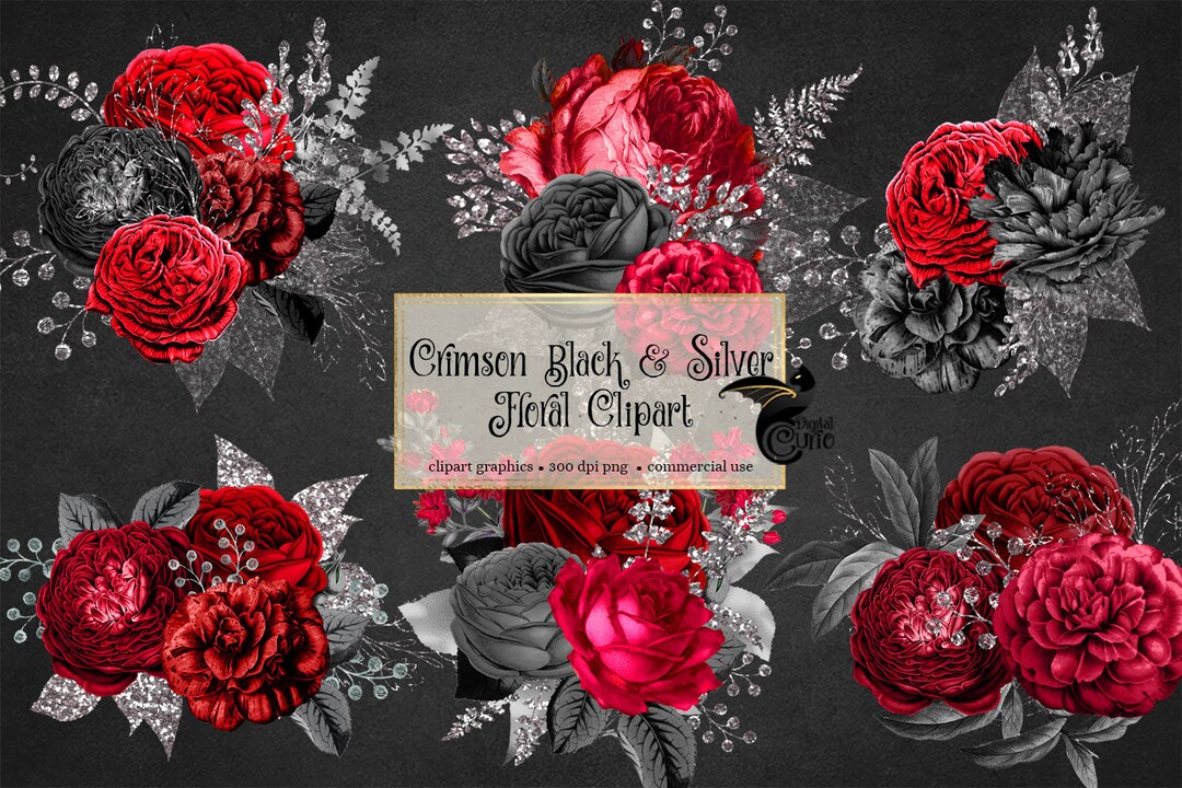 Crimson Red Floral Clipart, Black and Silver Glitter, Wedding Flowers ...