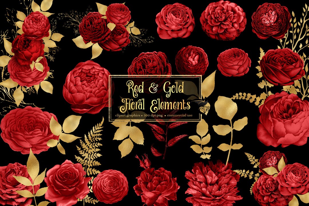 Red and Gold Roses Clipart – Floral Bouquet Graphics (PNG) - Etsy