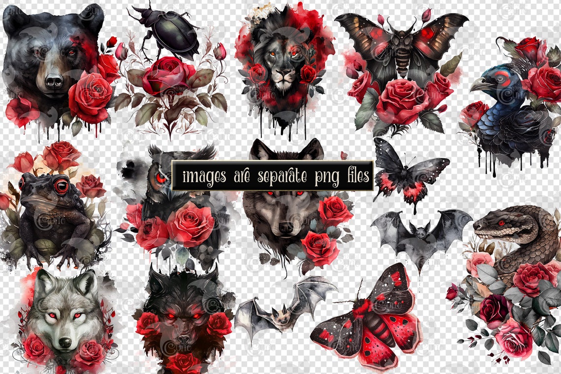 Watercolor Gothic Animals Clipart – Dark Fantasy PNG (commercial Use ...