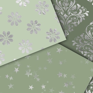 Sage and Silver Digital Paper, Green Seamless Silver Foil Patterns ...