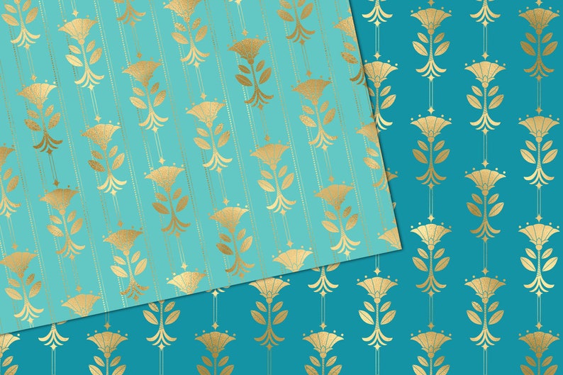 Turquoise and Gold Art Deco Digital Paper, Seamless Geometric Patterns ...