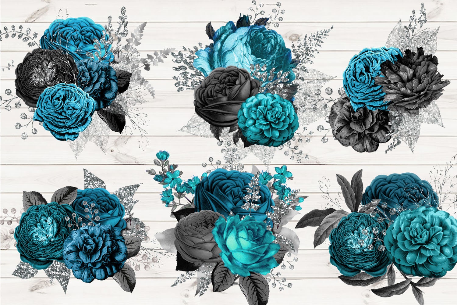 Turquoise Black and Silver Floral Clipart Teal Flower - Etsy