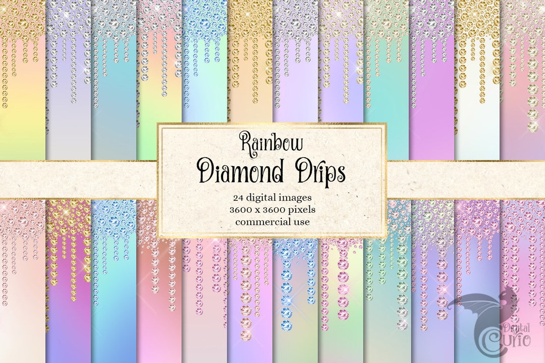 Rainbow Diamond Drips Digital Paper, Ombre Backgrounds With Sparkle ...
