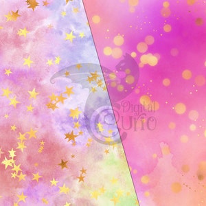 Starry Painted Skies Digital Paper, Gold Stars and Watercolor ...