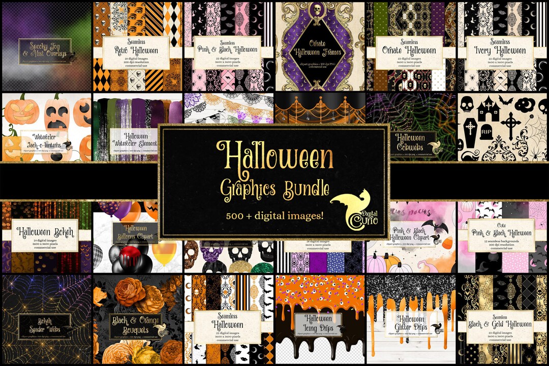Halloween Graphics Bundle, 500+ Clipart and Digital Paper (digital ...