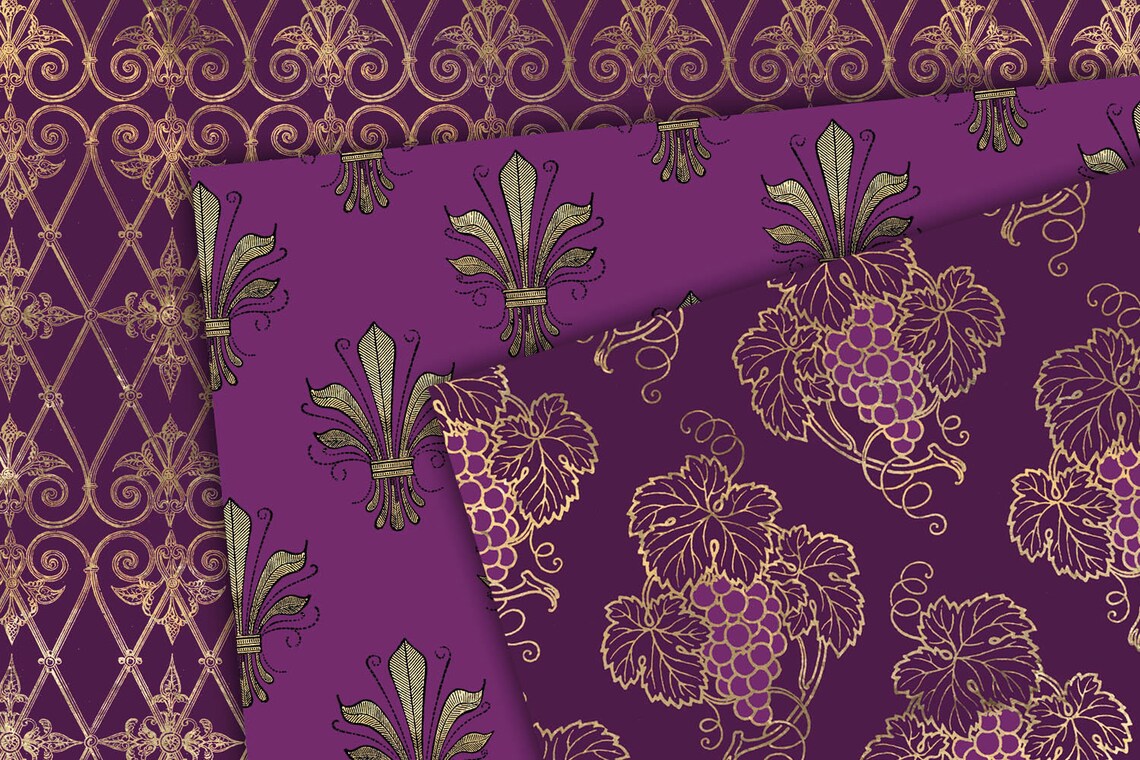 Purple and Gold Paris Digital Paper, Eiffel Tower, Fleur De Lis ...