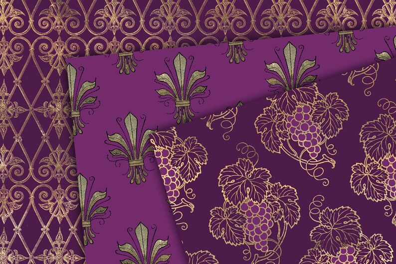 Purple and Gold Paris Digital Paper, Eiffel Tower, Fleur De Lis ...