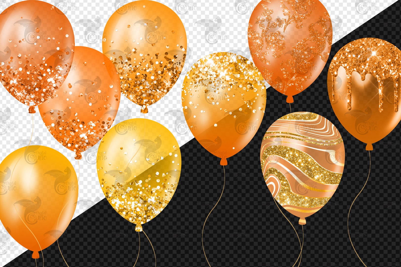 Orange Balloons Clipart glitter party clipart for birthdays | Etsy