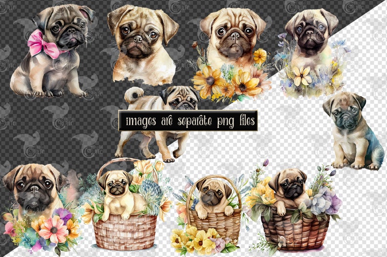 Watercolor Pugs Clipart - Cute Pug Dogs and Puppies PNG Format Instant ...