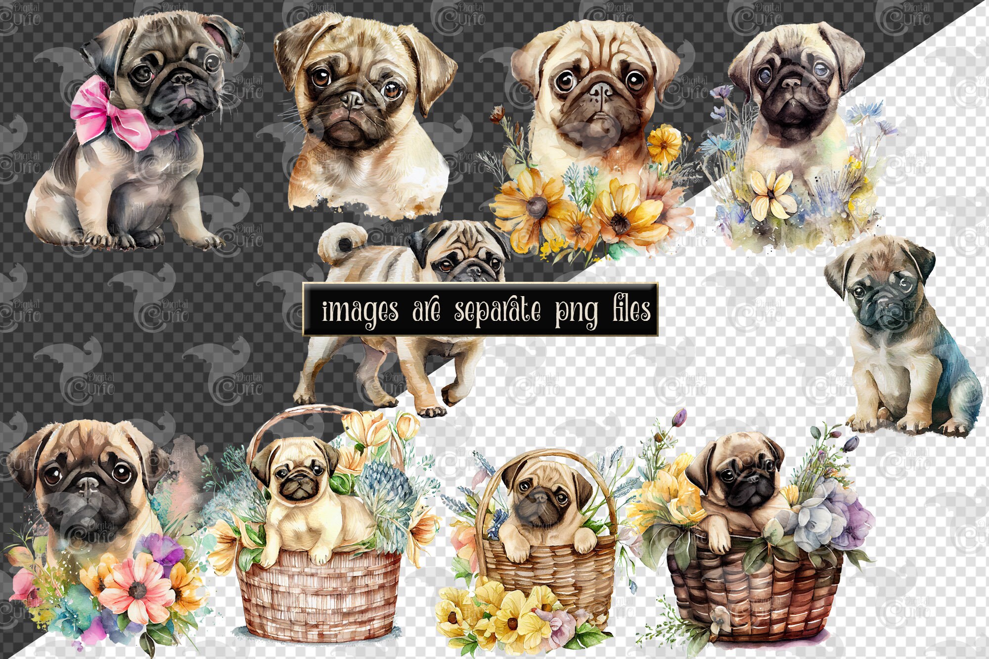 Watercolor Pugs Clipart Cute Pug Dogs and Puppies PNG Format - Etsy UK