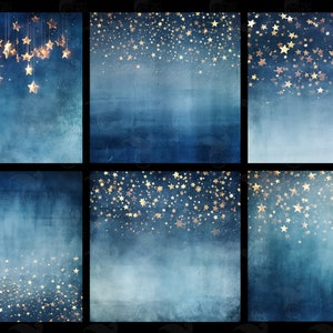 Blue Grunge Stars Digital Paper, Golden Starry Night Digital Papers ...