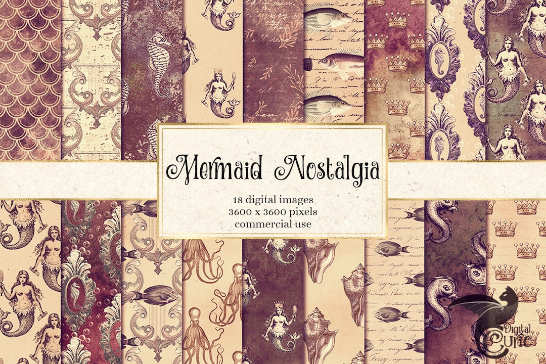 Mermaid Nostalgia Digital Paper, Vintage Mermaid Digital Paper ...