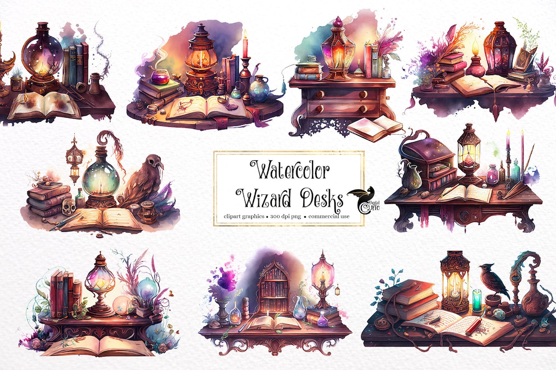 Watercolor Wizard Desks Clipart - Fantasy Magic Celestial Watercolor ...