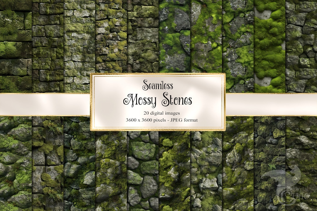 Mossy Stones Textures Digital Paper, Seamless Rustic Ancient Overgrown ...