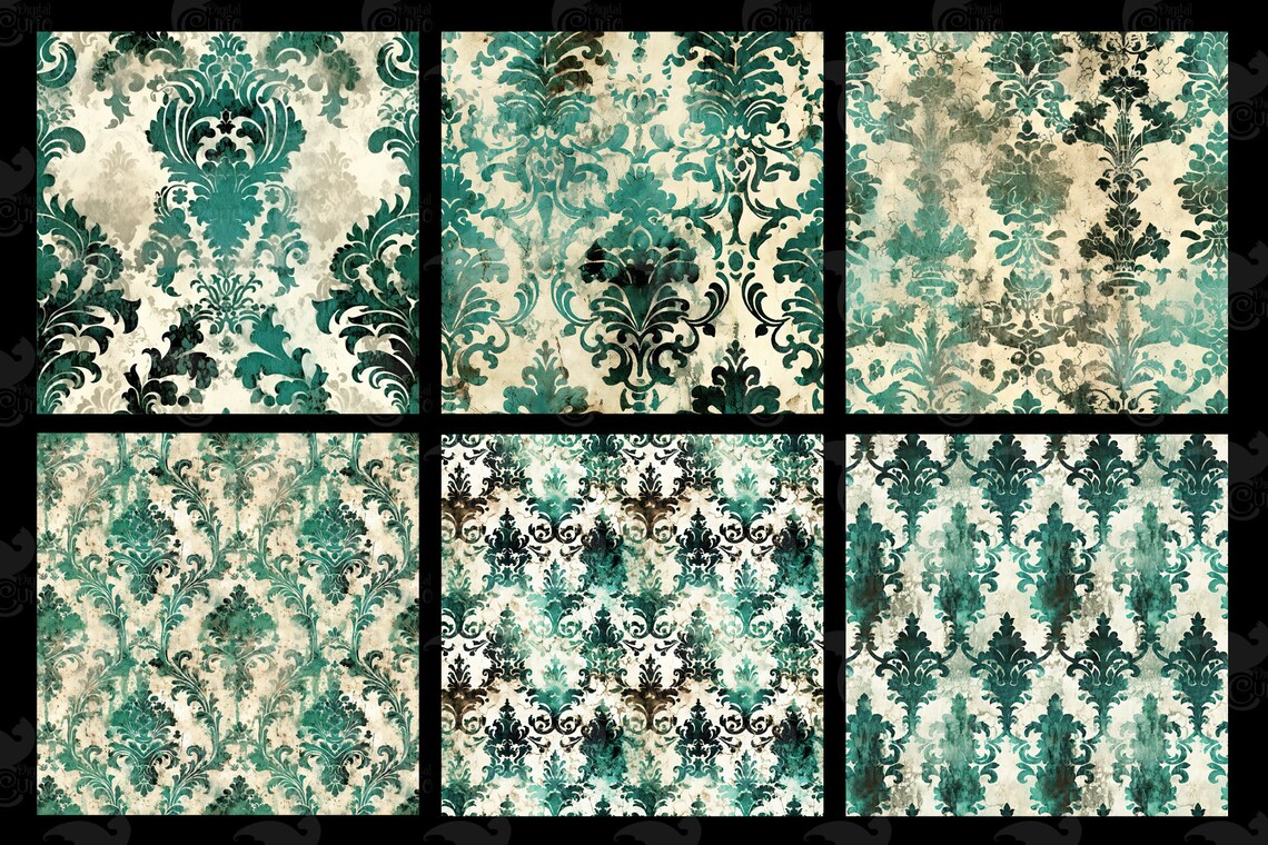 Emerald Green Damask Digital Paper, Distressed Texture (digital ...